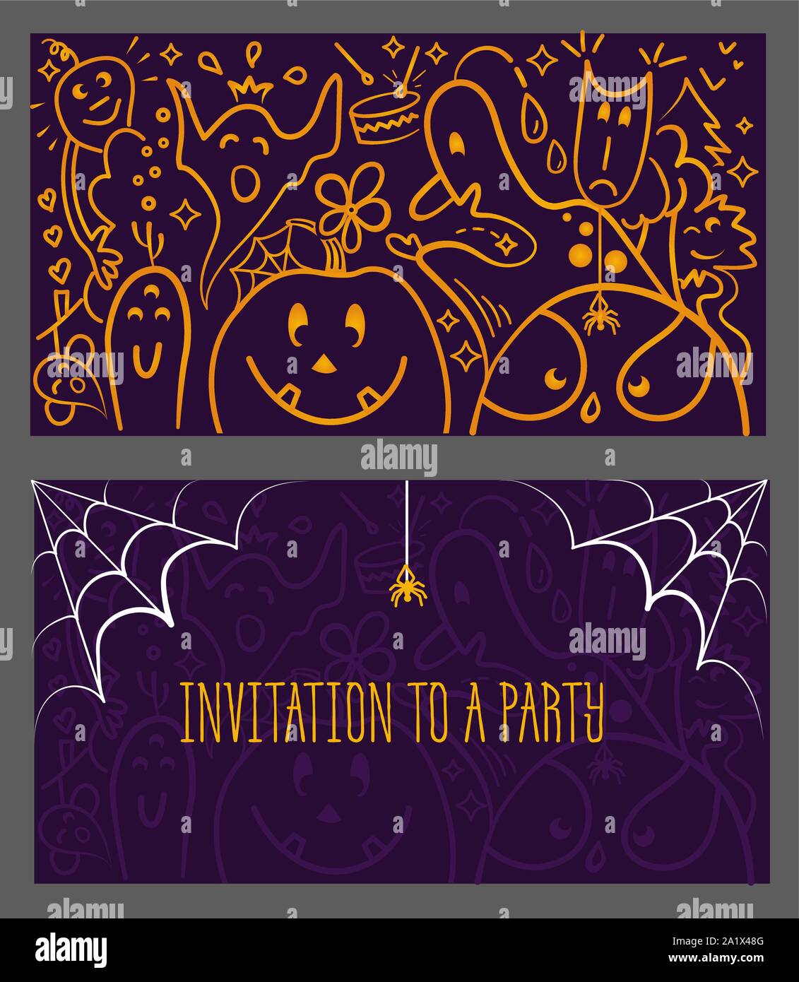 Halloween party invitations or greeting cards with funny cartoon ghosts ...