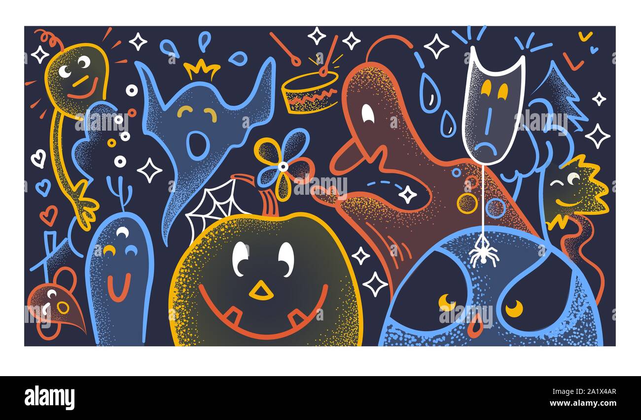 halloween background with funny cartoon ghosts and monsters in linear ...