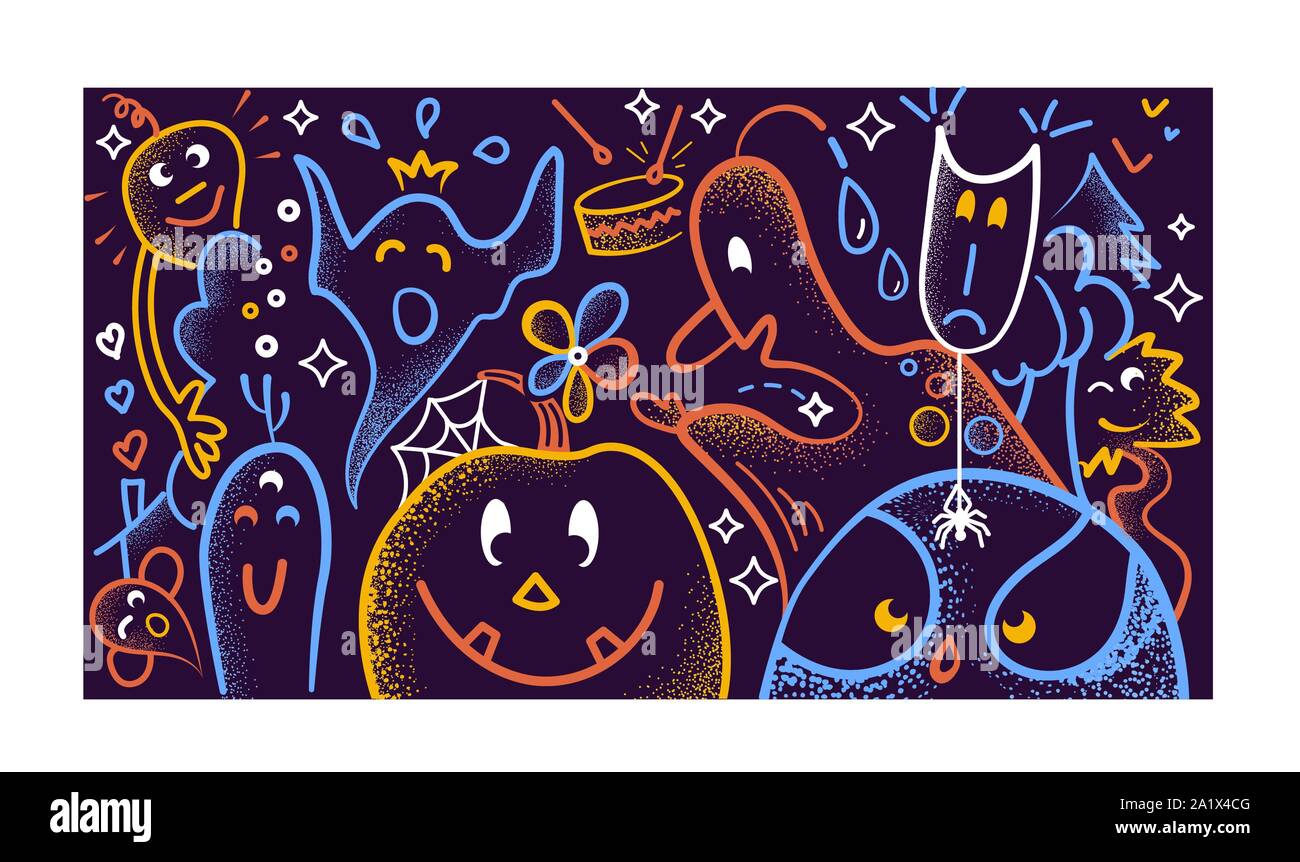 halloween background with funny cartoon ghosts and monsters in linear ...