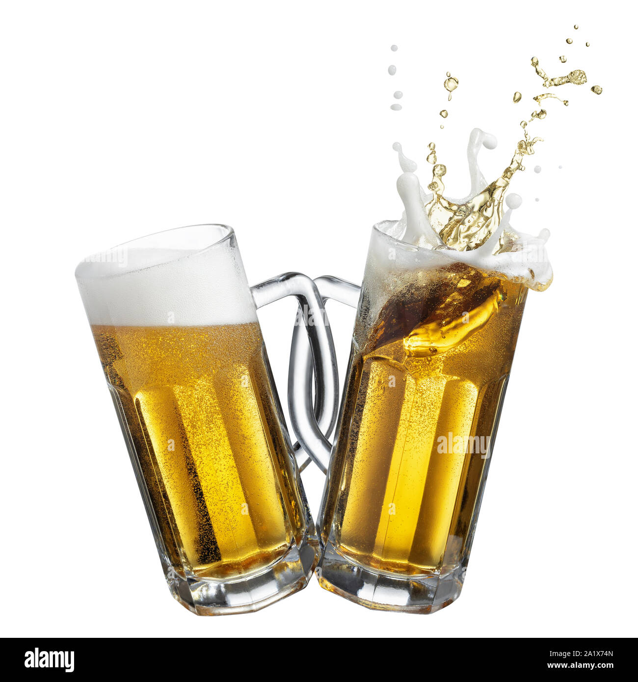 two glass mugs with beer toasting and creating splash Stock Photo - Alamy