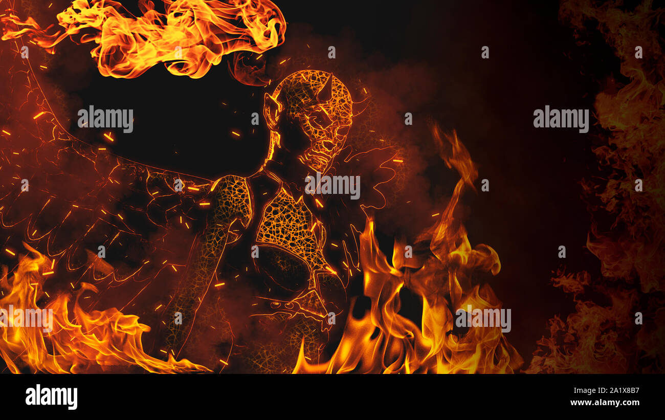Horned female demon in flames at dark background - 3d rendering Stock ...