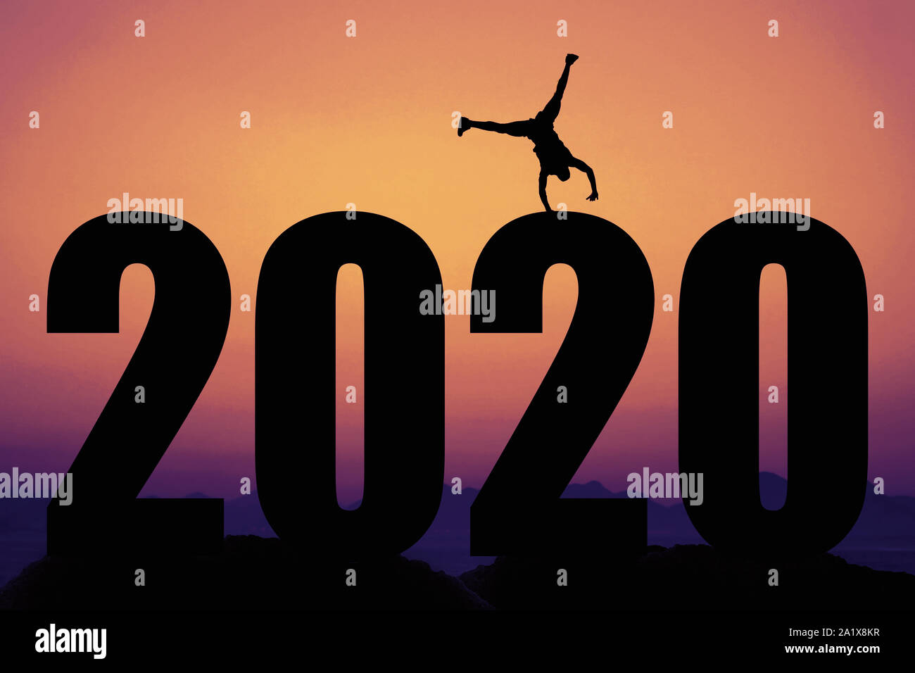 Sunset with new year 2020 and silhouette of happy manas symbol for ...