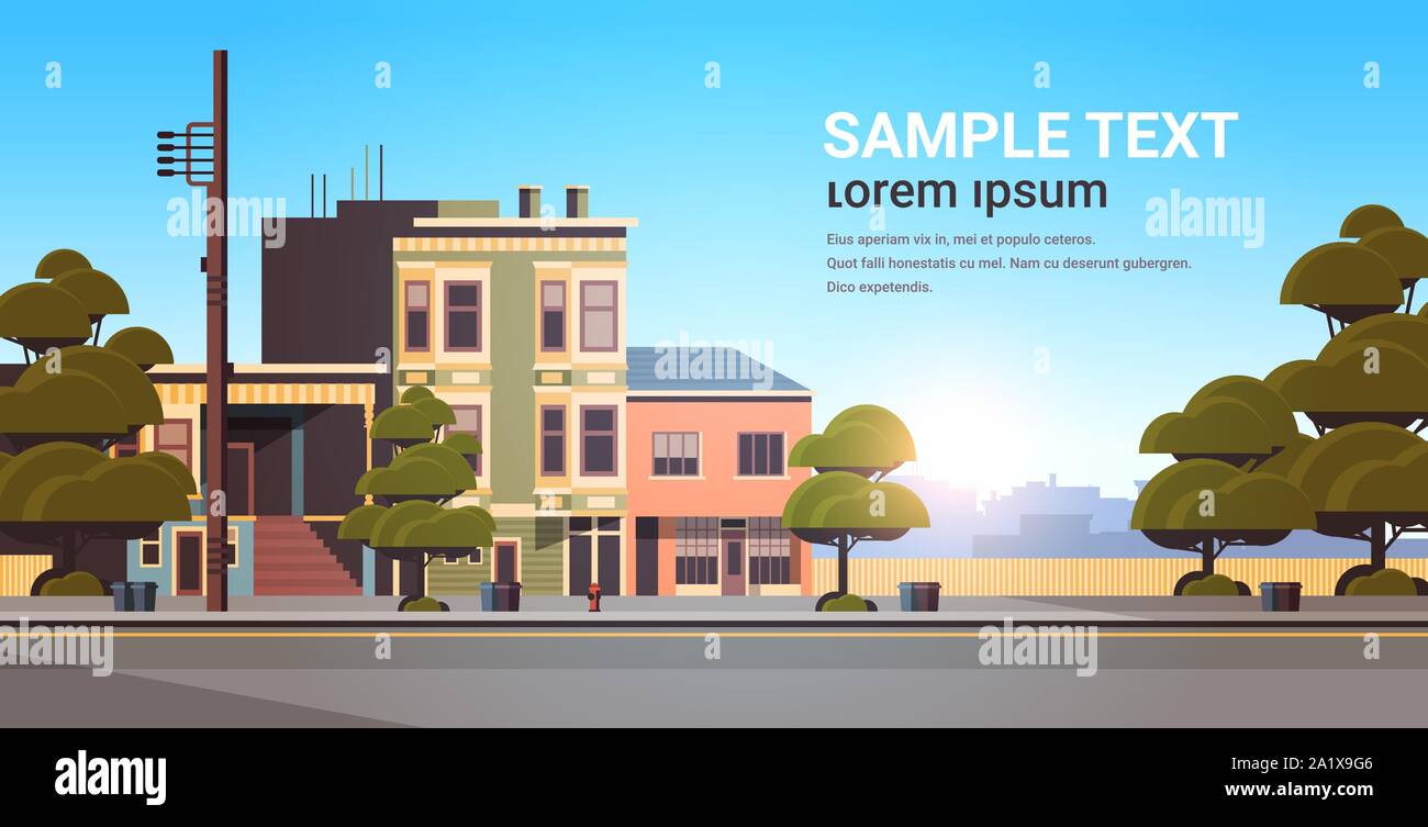city building houses exterior modern town street in summer season ...