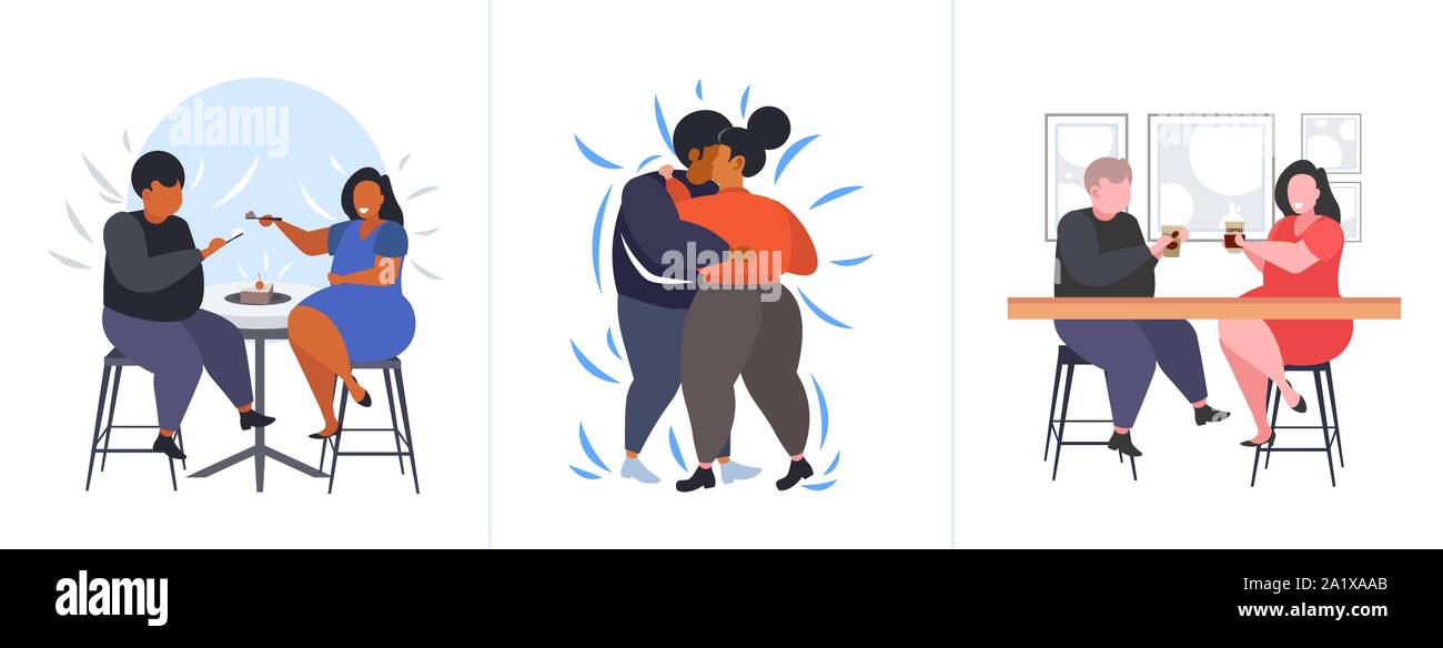 set fat obese people in different poses overweight mix race male female ...