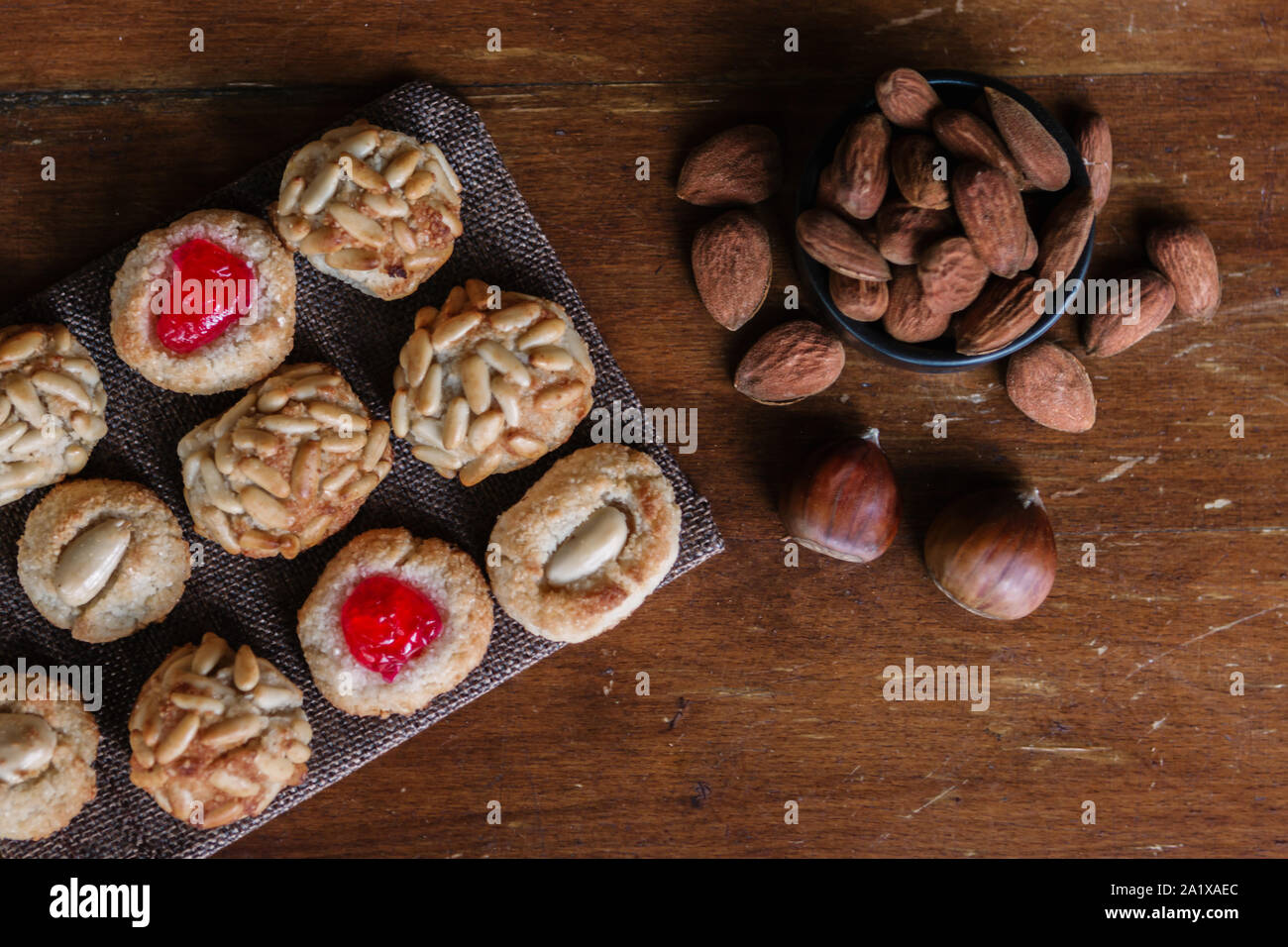 Some typical catalan panellets with almonds and chesnuts, typical ...