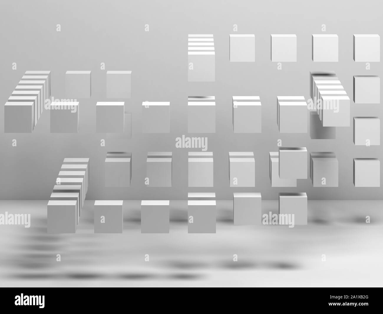 White flying cubes installation in empty white room. Abstract cg ...