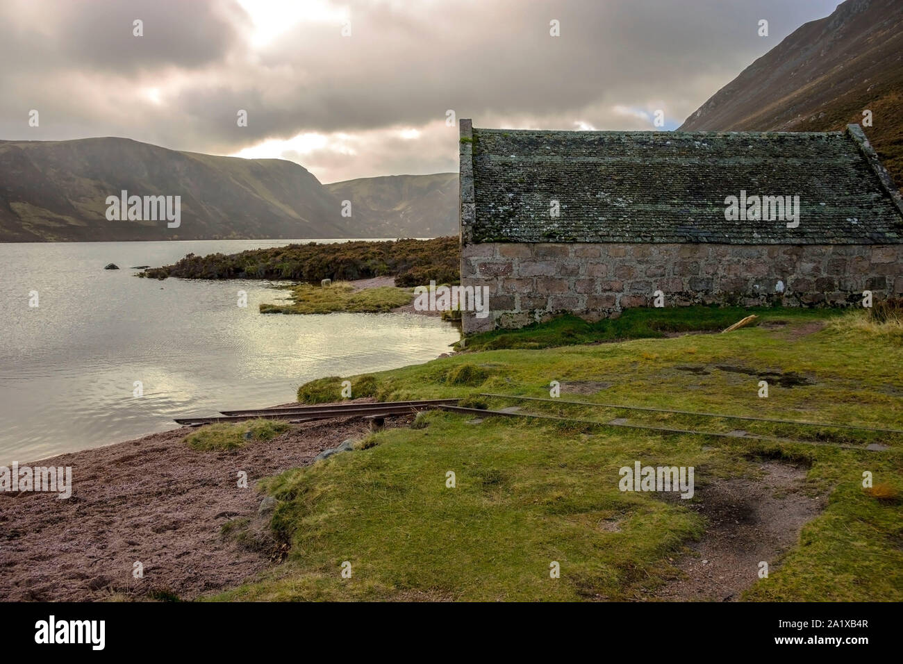 Boathouse at Loch Muick in Royal Deeside, Aberdeenshire, Scotland, UK ...