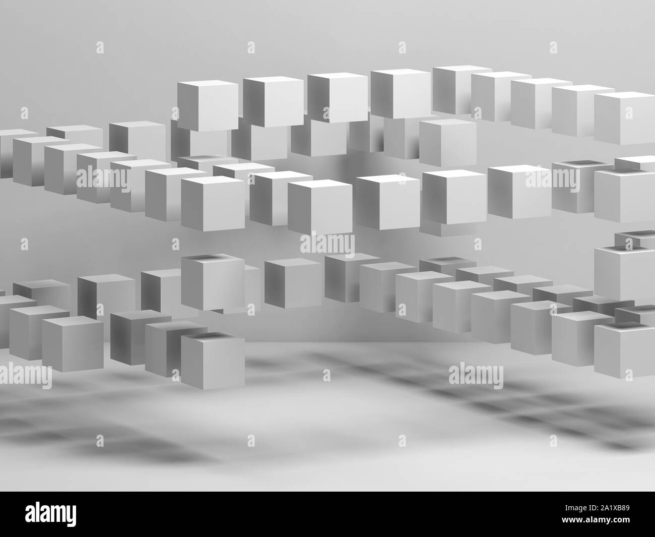 White flying cubes installation in empty white room. Abstract cg ...