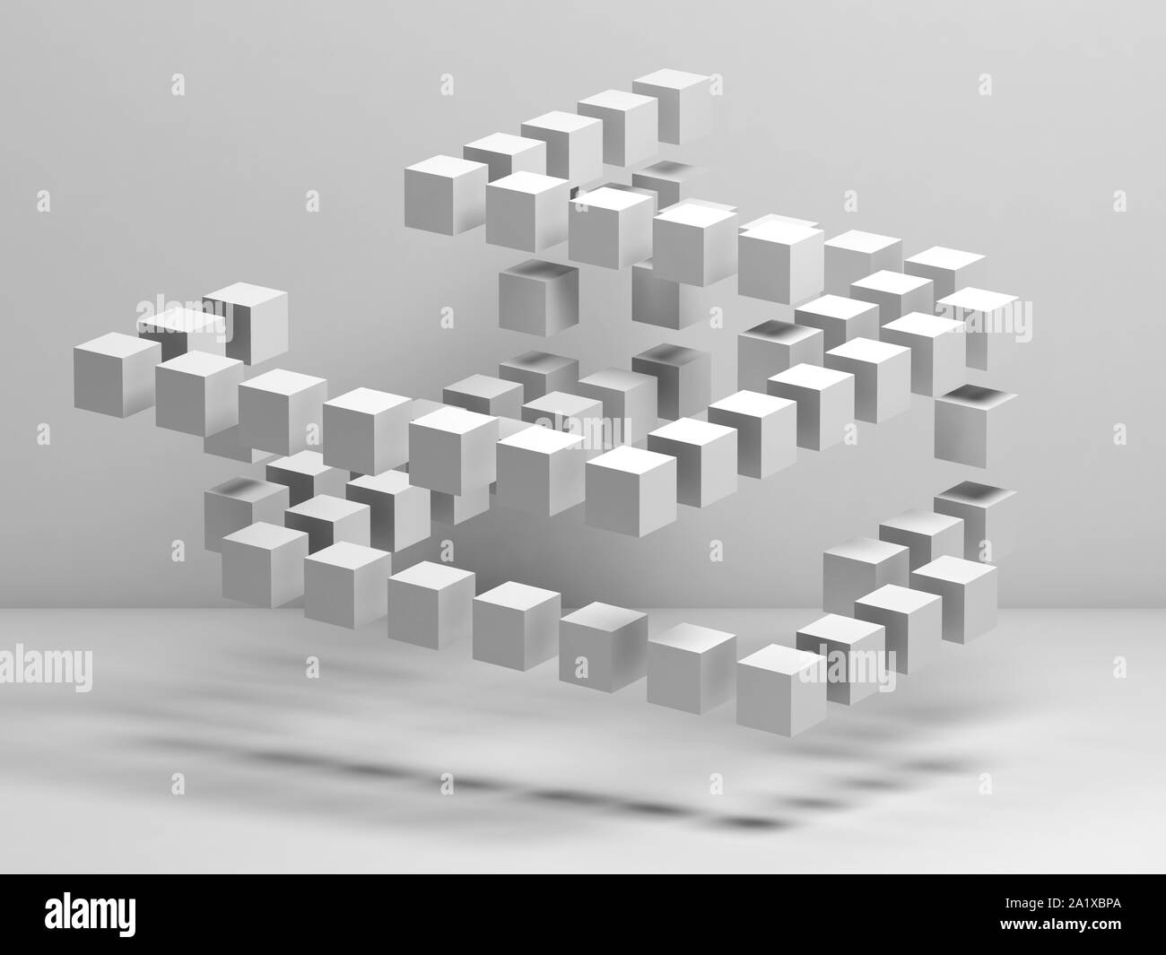 White flying cubes installation in empty white room. Abstract cg ...