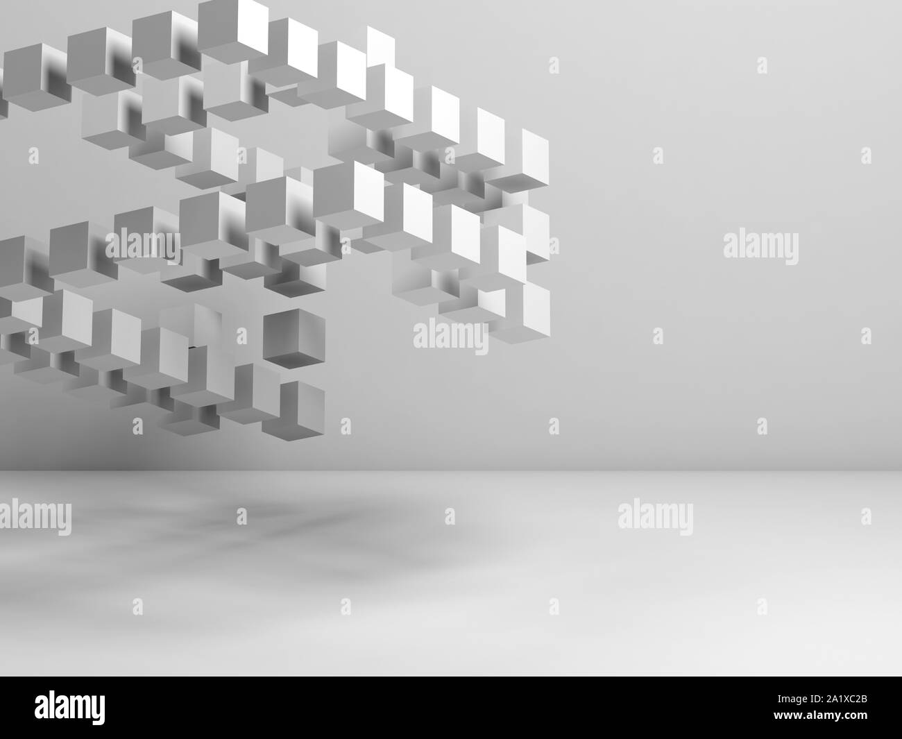 Flying structure of white flying cubes in empty room. Abstract cg ...