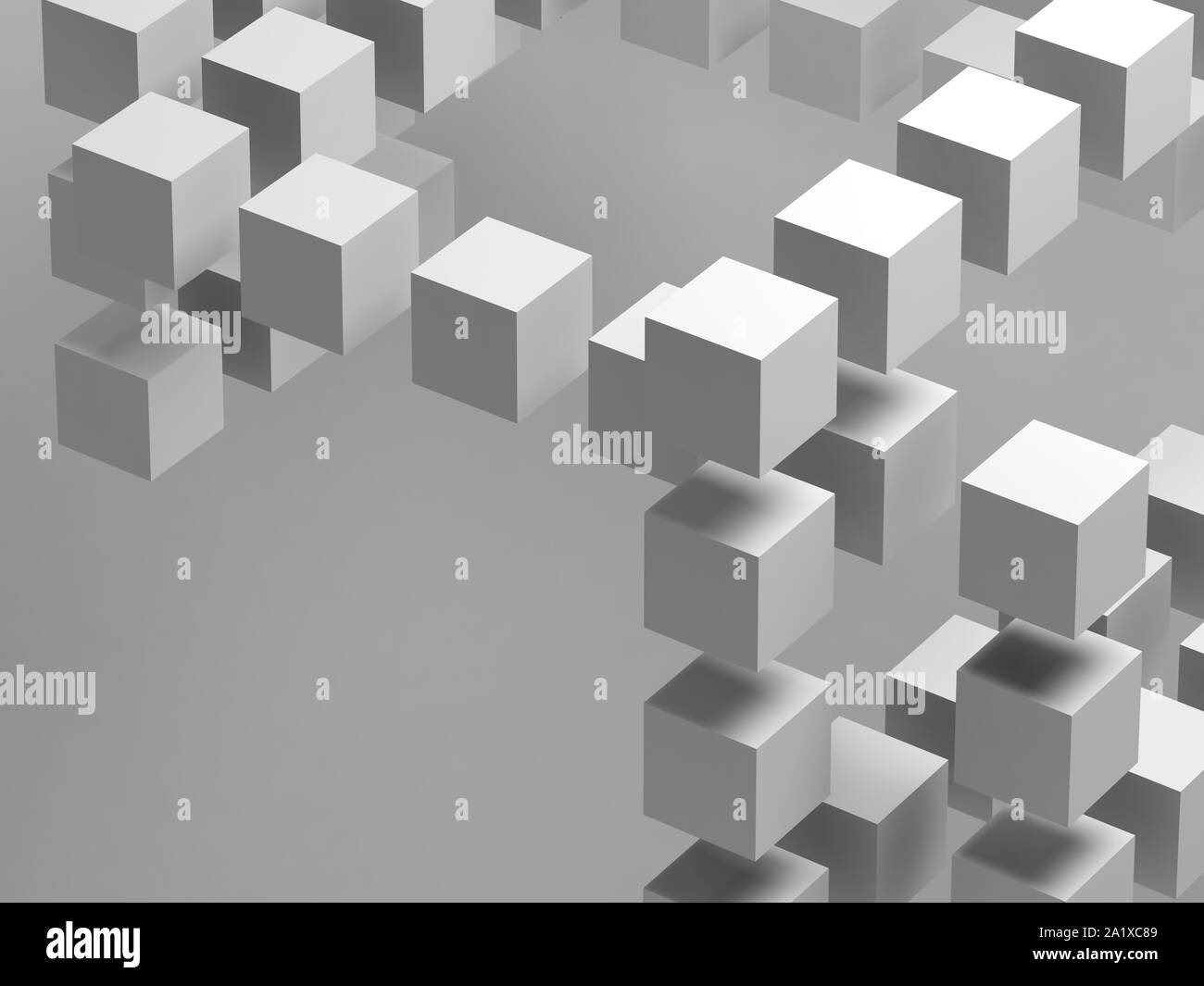 White flying cubes structure with soft shadow over gray wall. Abstract ...