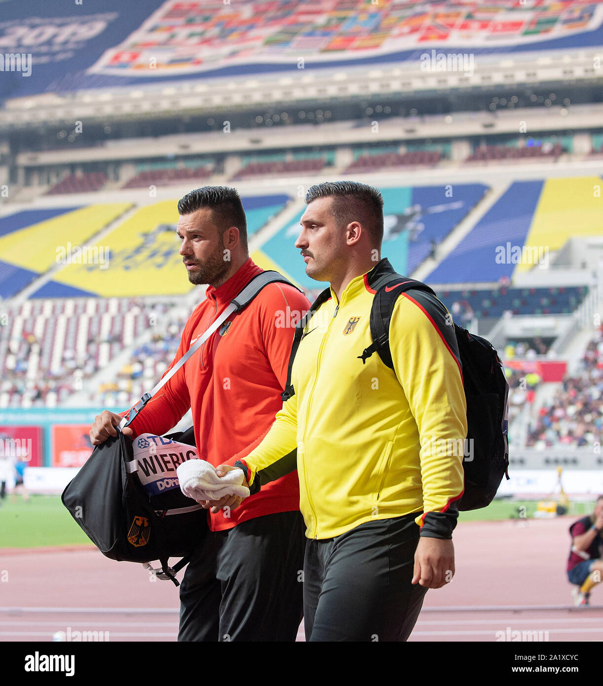 Martin WIERIG (Germany) with David WROBEL r. (Germany). Discus throw ...
