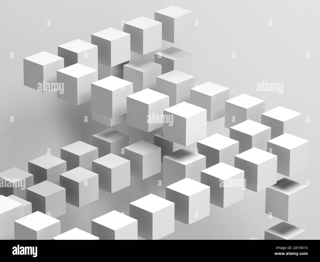 White flying cubes installation. Abstract cg background, 3d rendering ...
