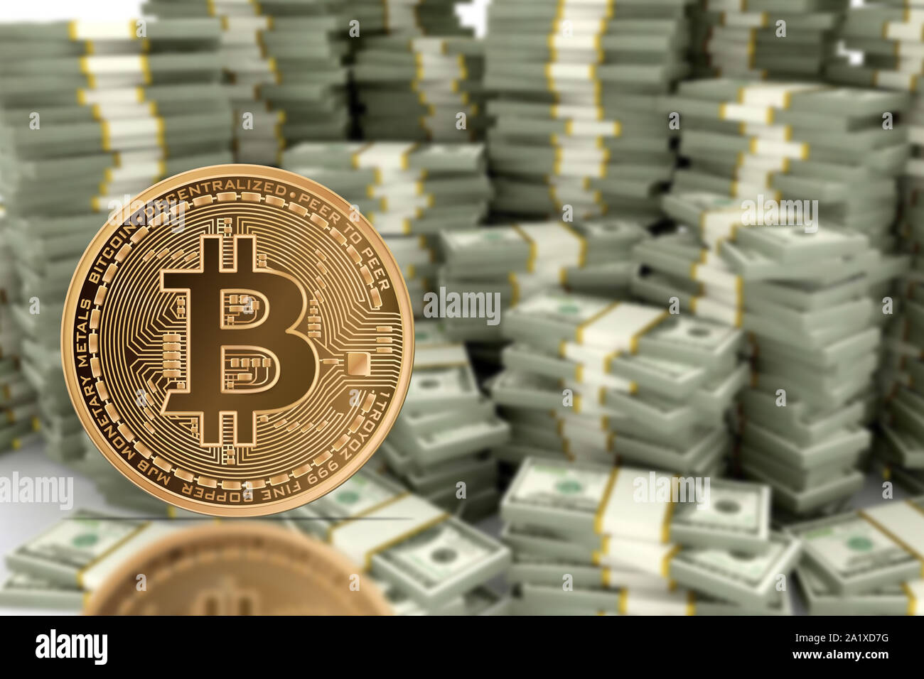One bitcoin on the money stack background Stock Photo - Alamy
