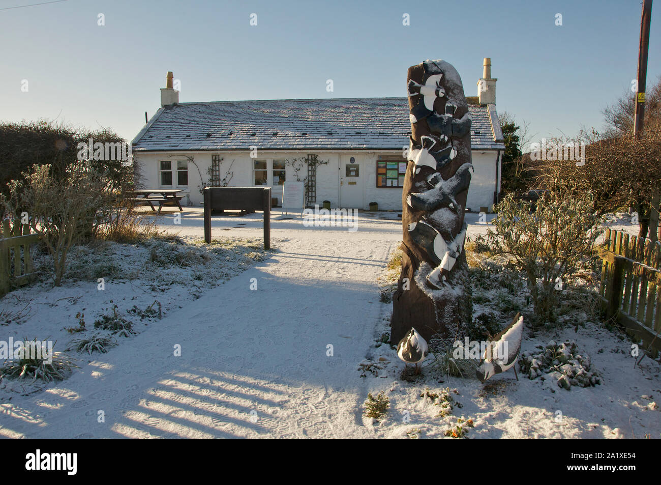 Mershead RSPB Reserve in winter, visitor centre, Dumfries and Galloway ...