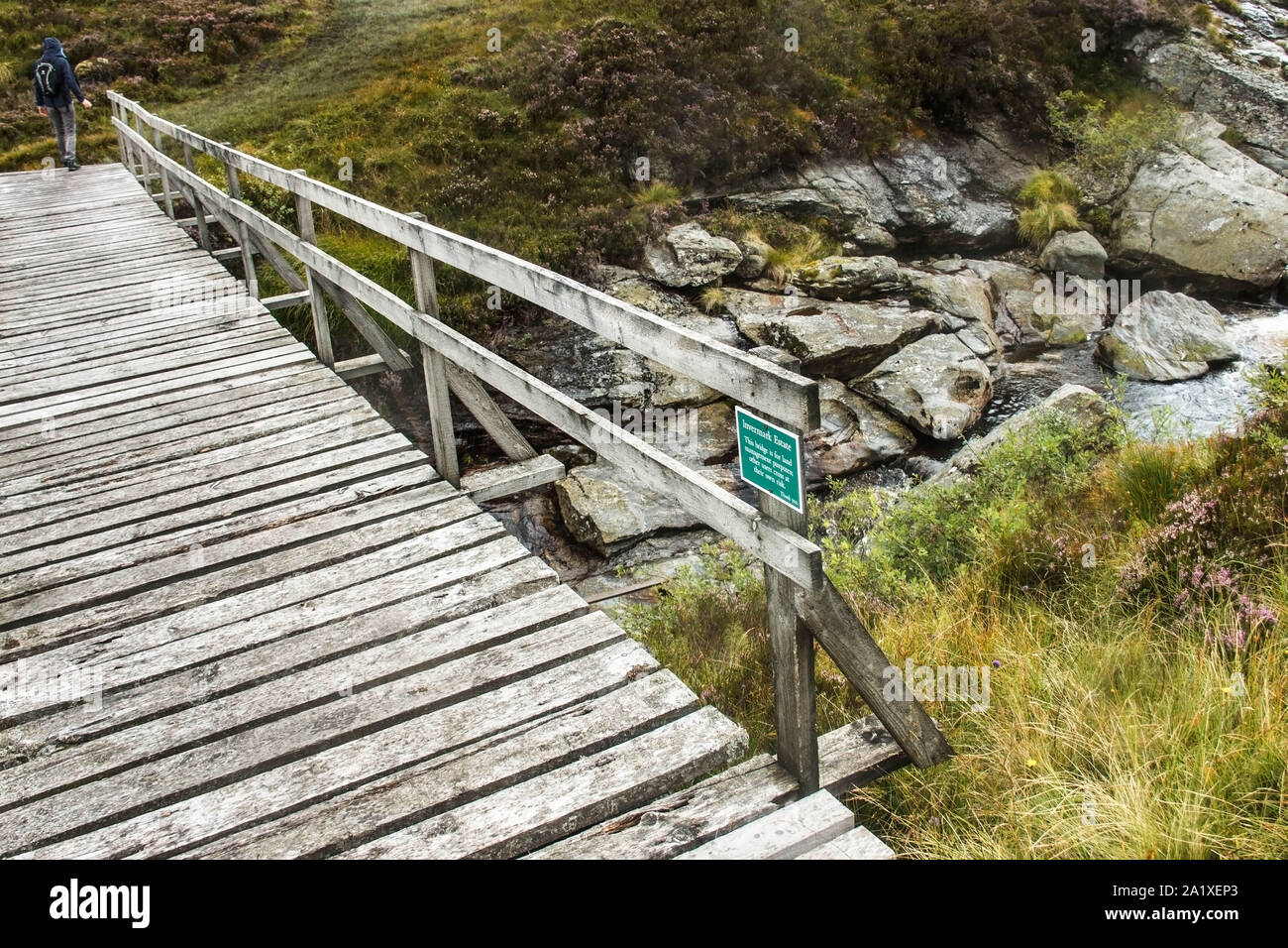 Wooden footbridge and hiking trail in Cairngorms National Park. Angus ...
