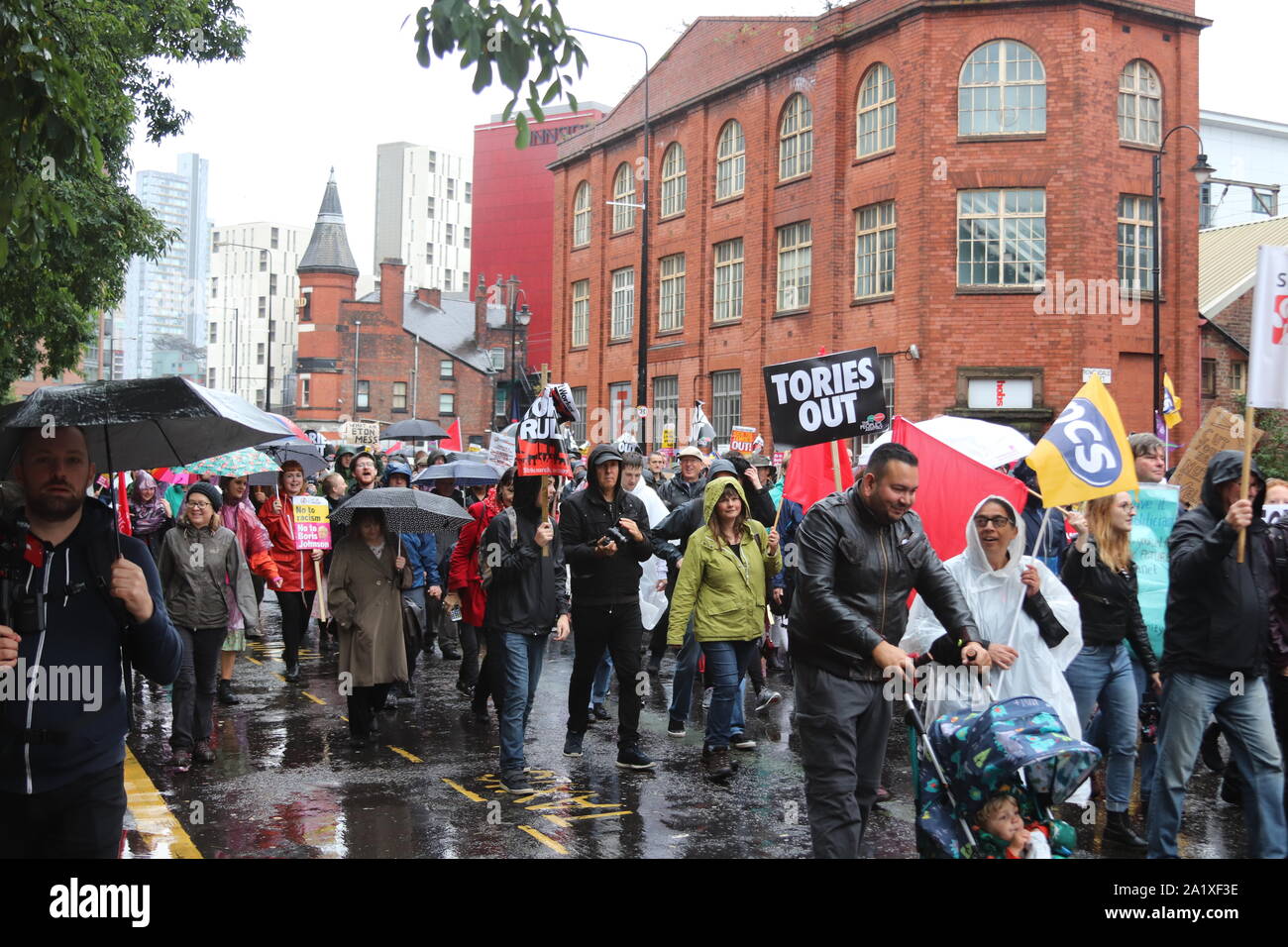 Conservative party conference protesters in Manchester Stock Photo - Alamy