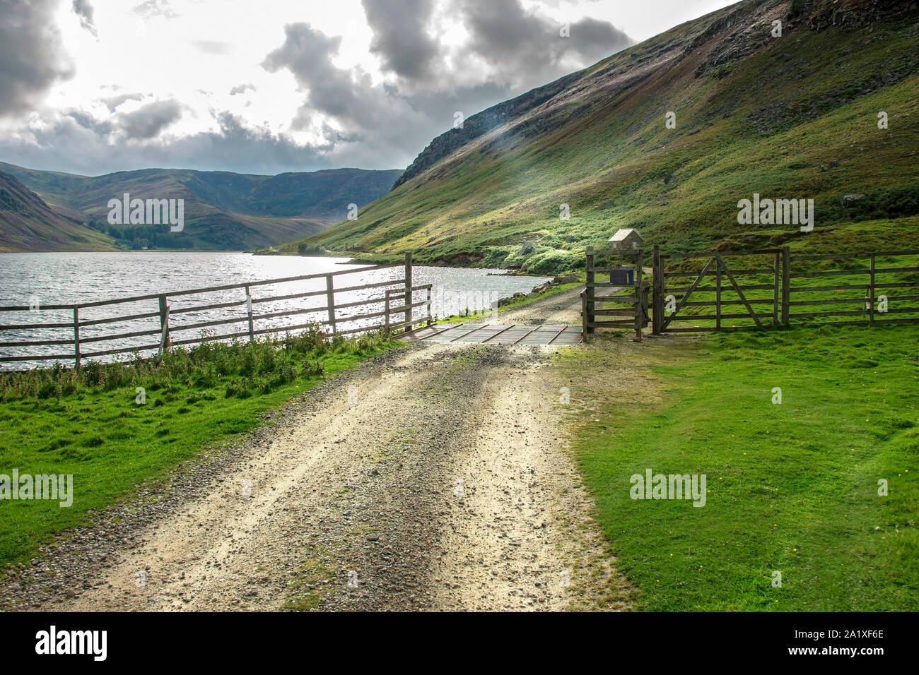 Scottish rural landscape and path around Loch Lee. Angus, Scotland, UK ...