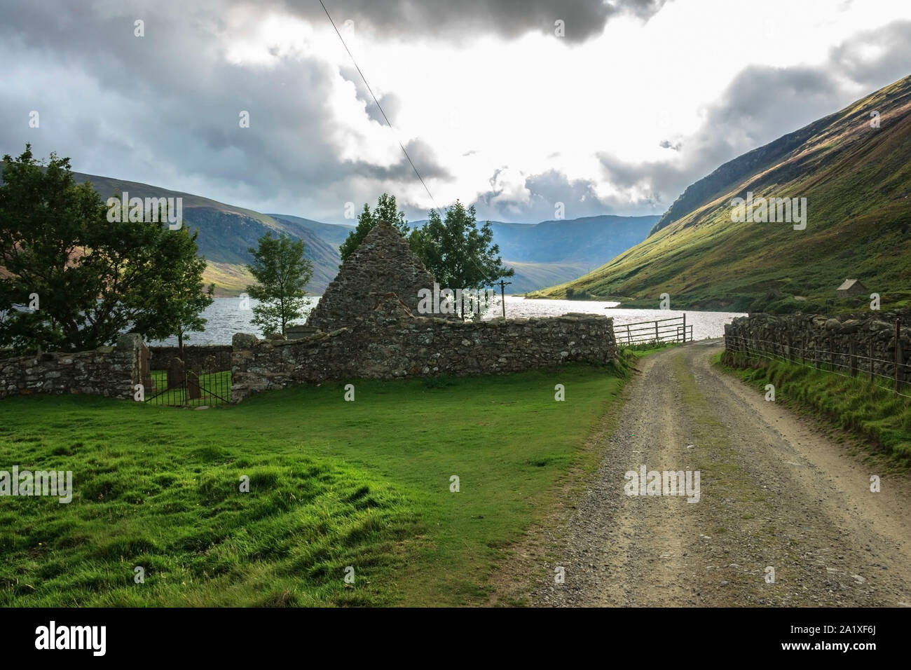 Path around Loch Lee and old cemetery ruins. Angus, Scotland, UK ...