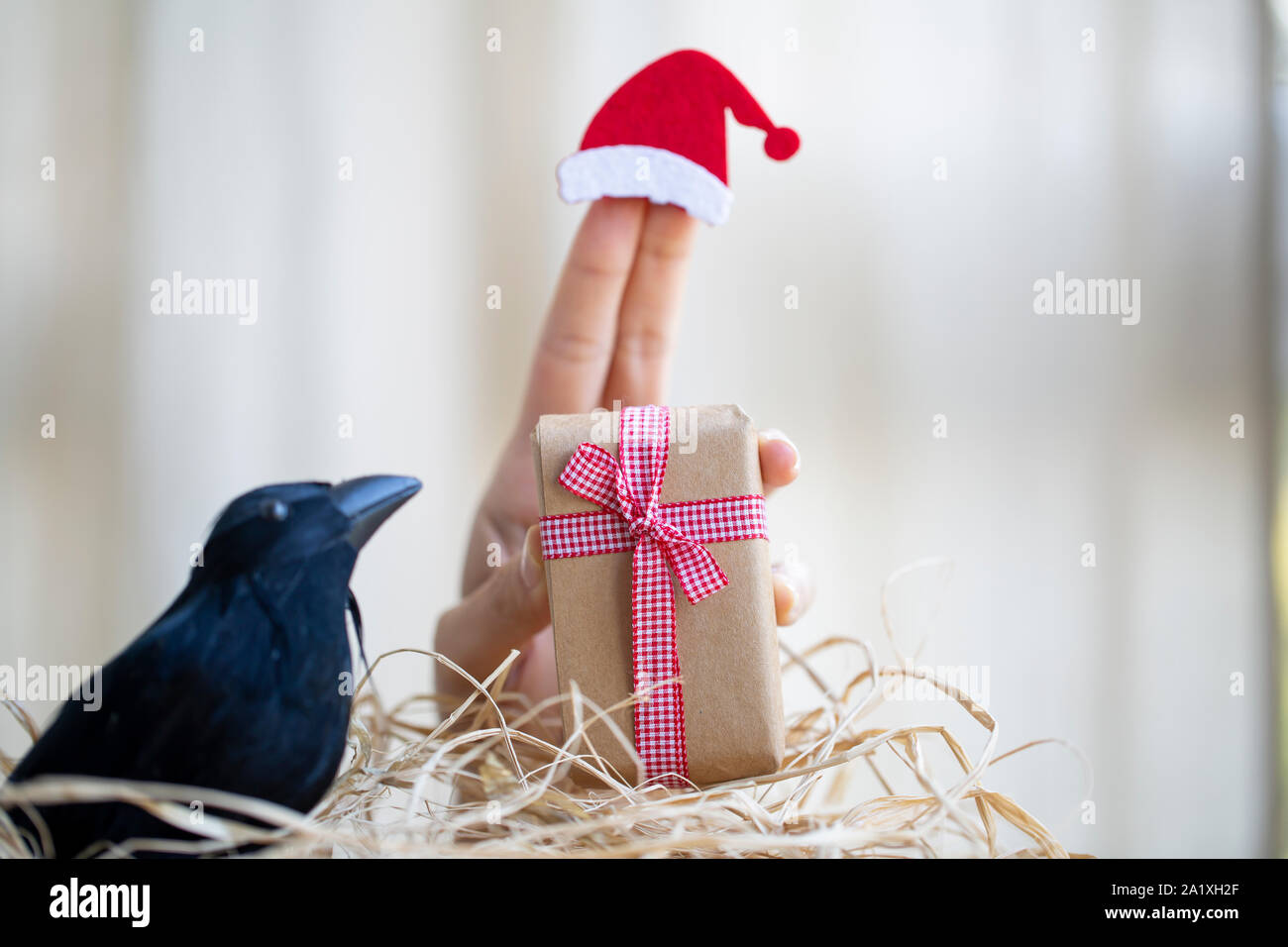 Closeup hands giving gift box and crow Stock Photo - Alamy