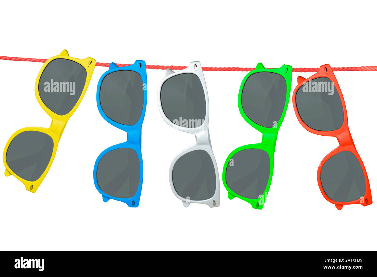 Multi-colored sunglasses hang on a rope. White background, isolate ...