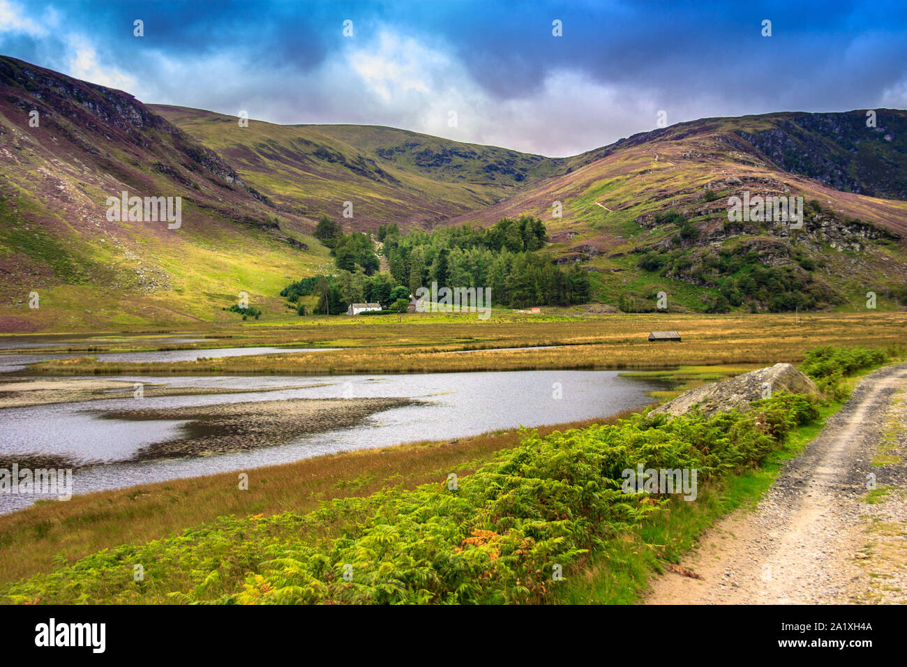 Path around Loch Lee. Farm house in a distance. Angus, Scotland, UK ...