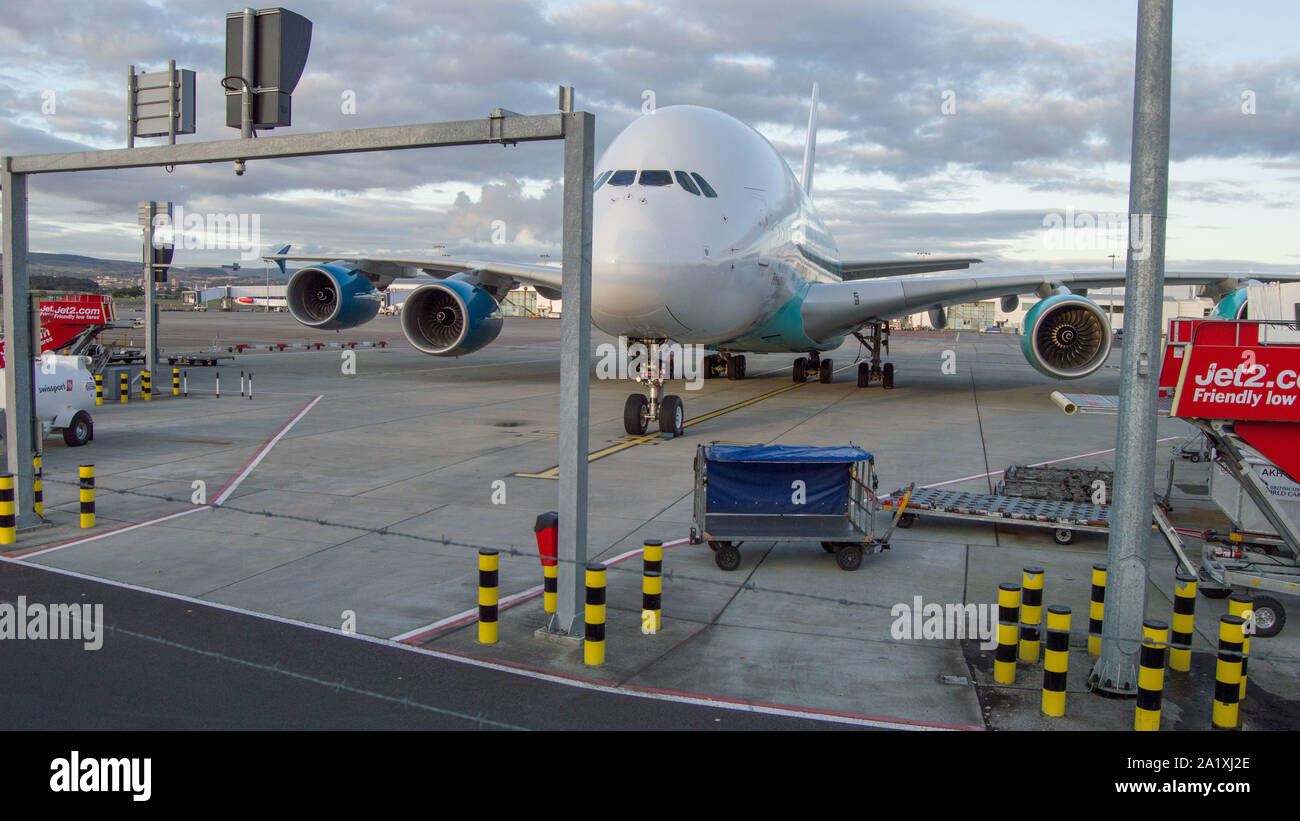 Glasgow, UK. 28 September 2019. Pictured: Hi Fly Super Jumbo Airbus ...