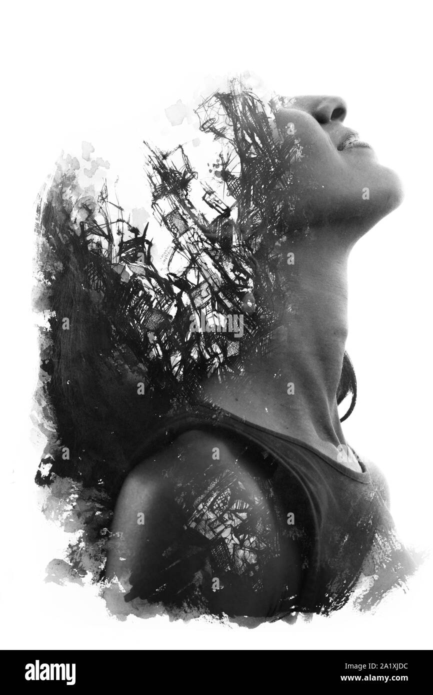 Paintography. Double exposure of woman's face dissolving into black ink ...