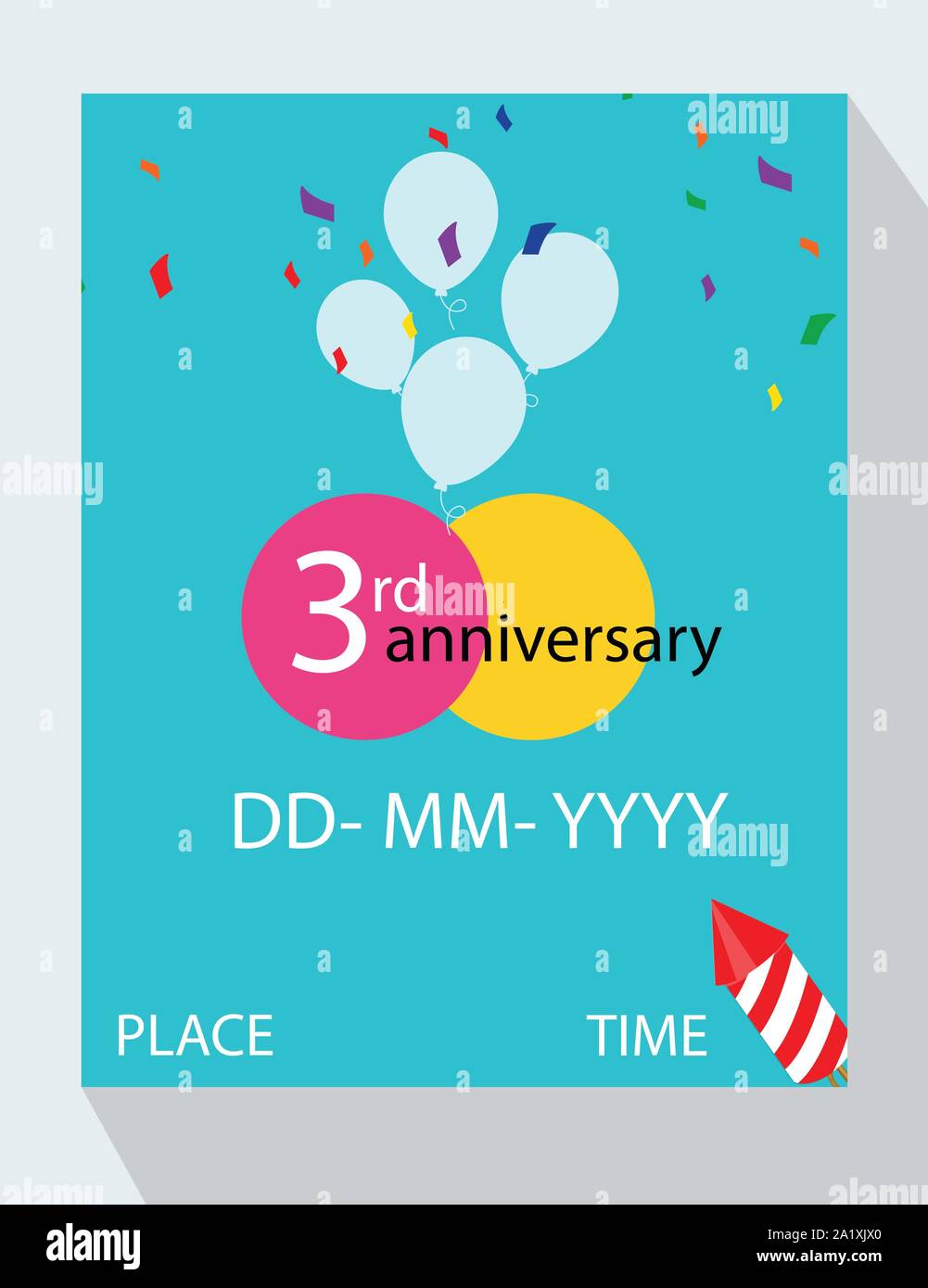 3rd Year Anniversary invitation Design, with gift box and balloons ...