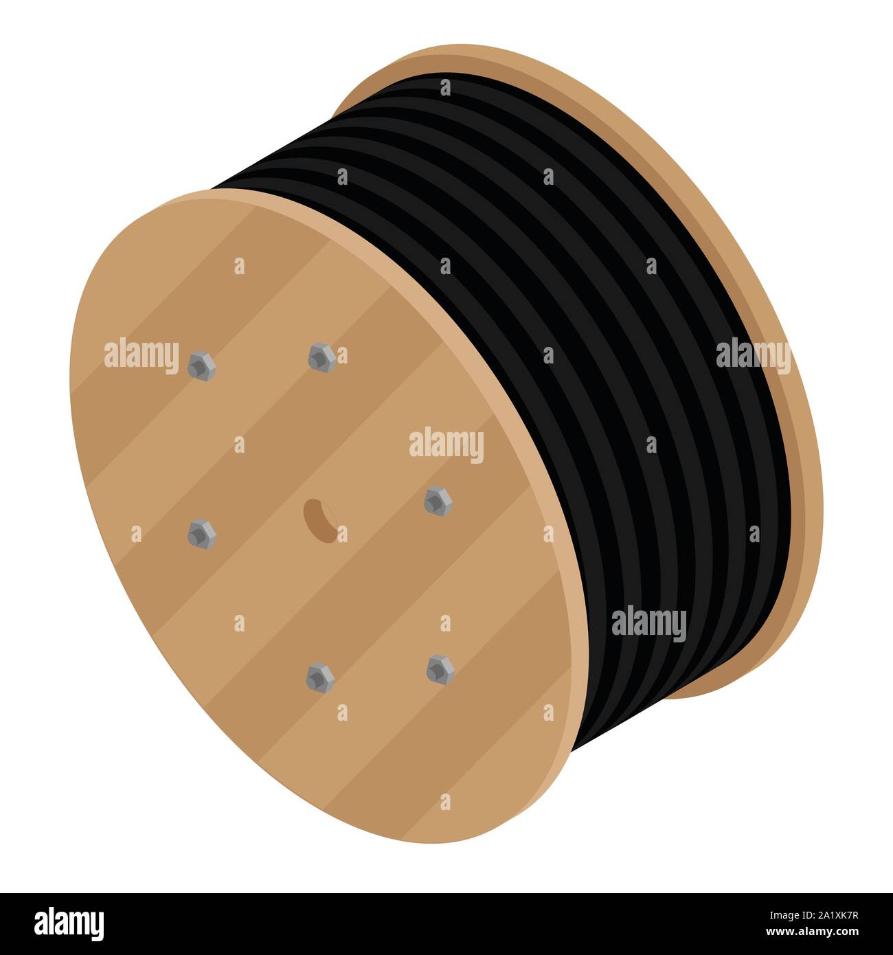 Black wire electric cable with wooden coil of electric cable isolated ...
