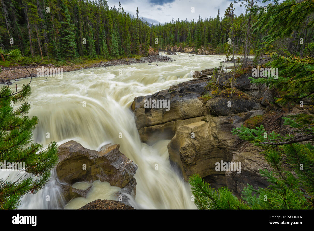 A rockie's river in flood pouring over rocky rapids Stock Photo - Alamy
