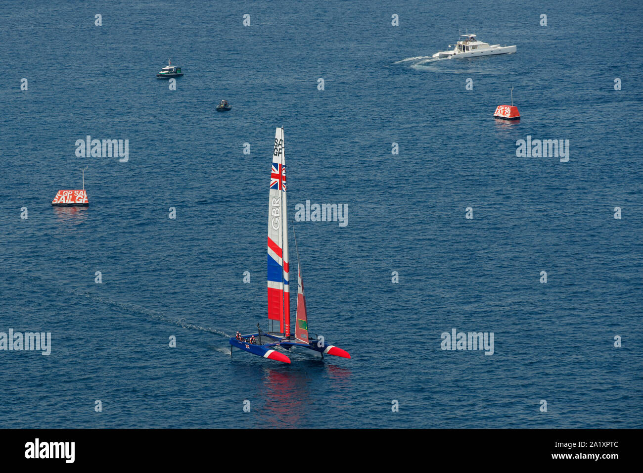 An aerial view of the Great Britain SailGP Team F50 catamarans during ...