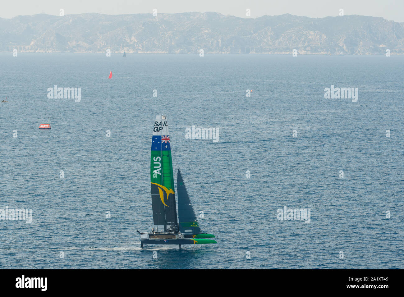 The Australia SailGP Team F50 catamaran sail during a practice race ...