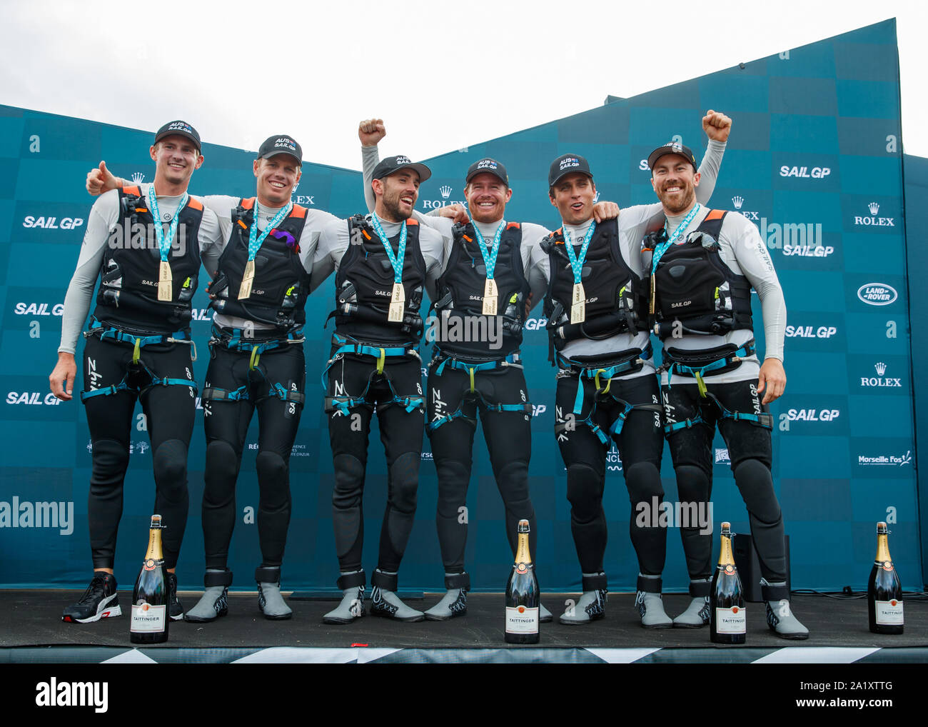 The Australia Team celebrate winning the 2019 SailGP title race Stock ...