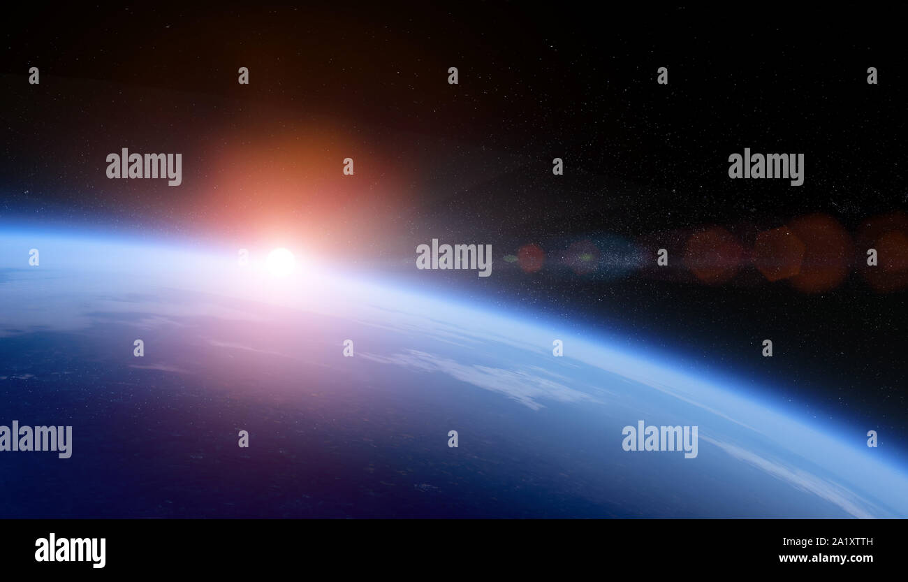 Sunrise over space Earth view from orbit with stars field. Elements for 3D Render this image ...