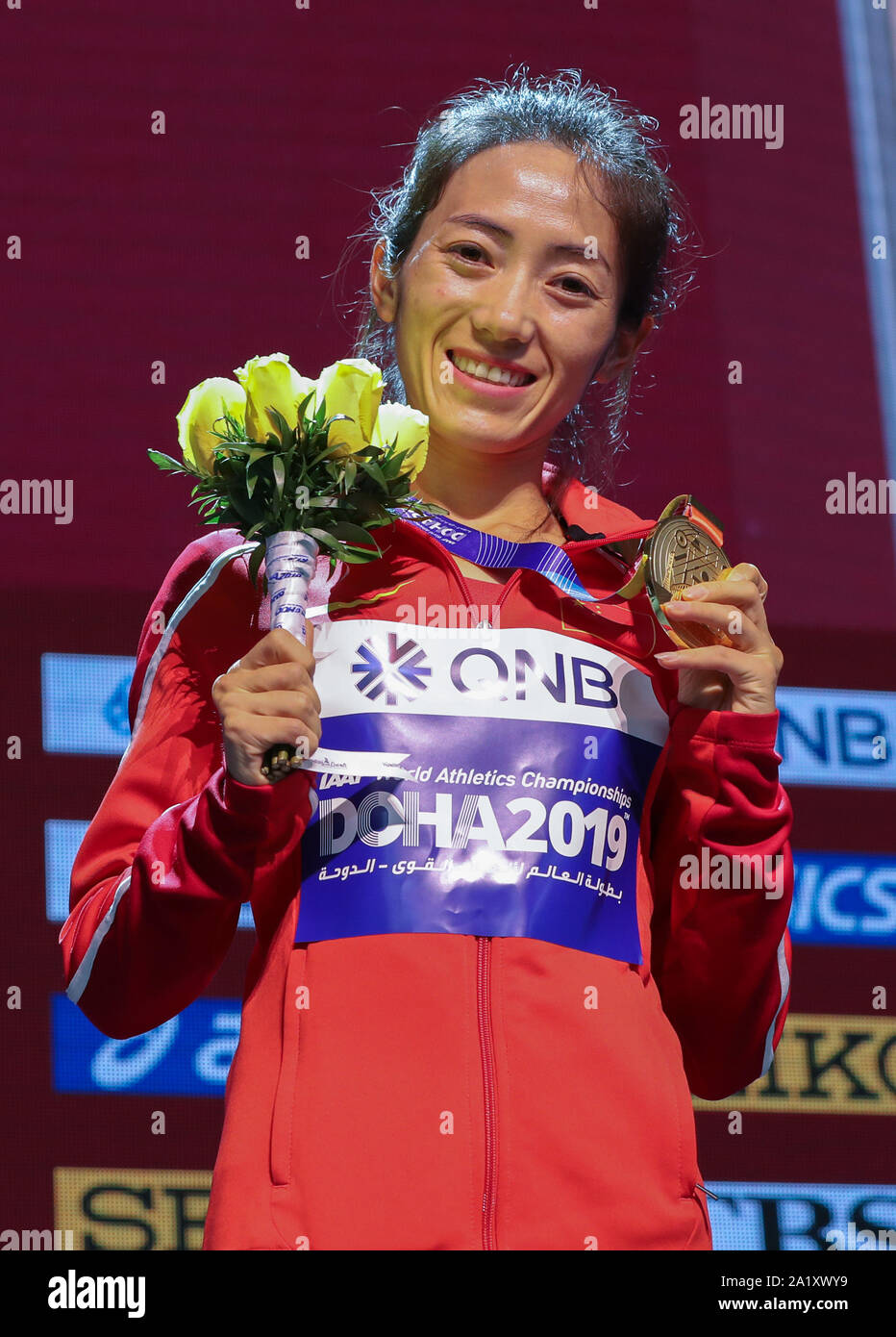 Doha, Qatar. 29th Sep, 2019. Gold medalist Liang Rui of China poses for ...