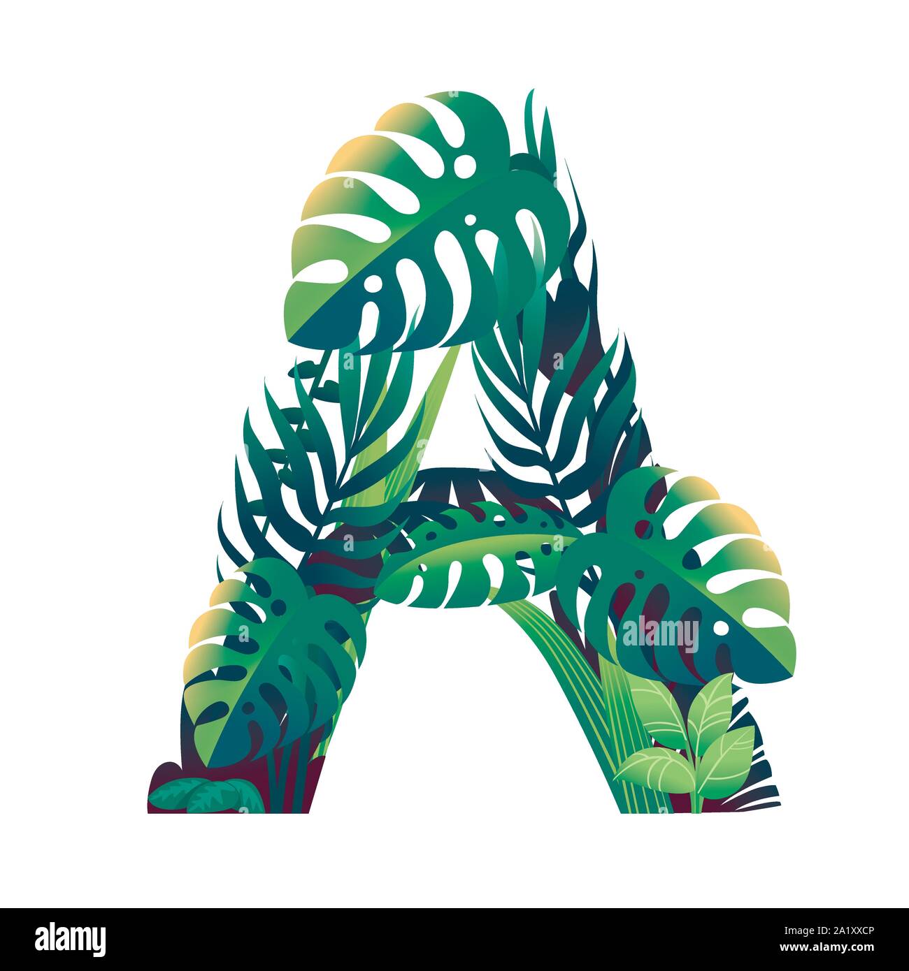 Leaf letter A with diffirent types of green leaves and foliage flat ...