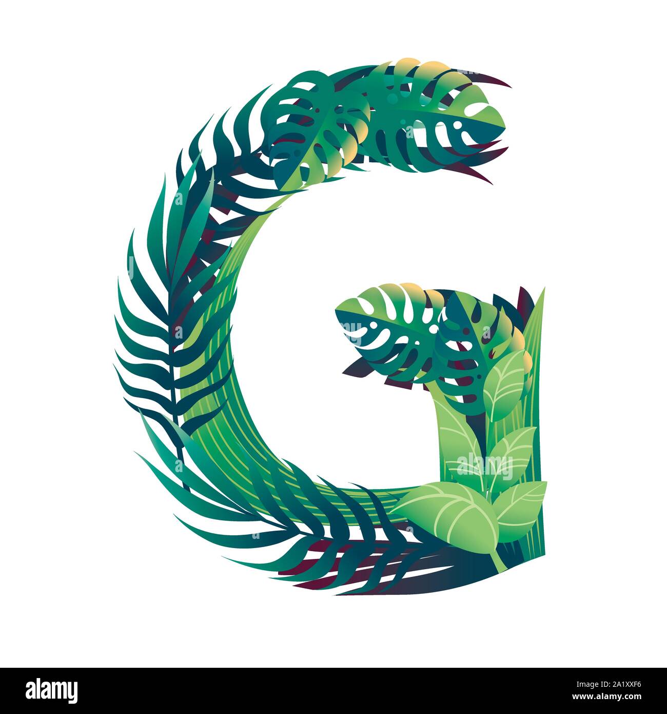 Leaf letter G with diffirent types of green leaves and foliage flat ...