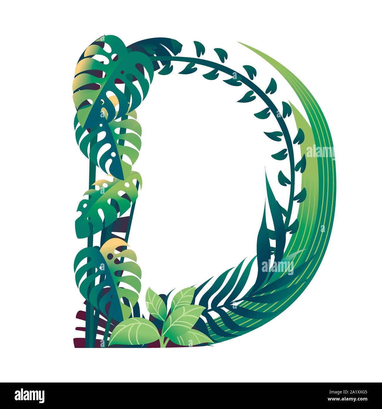 Leaf letter D with diffirent types of green leaves and foliage flat ...