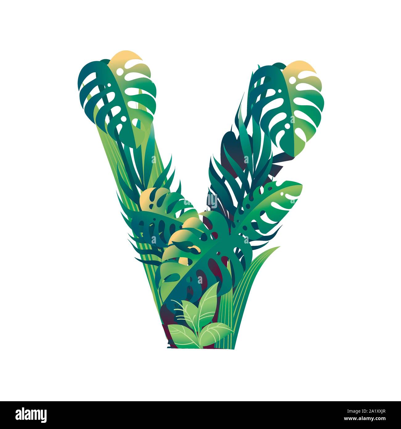 Leaf letter V with diffirent types of green leaves and foliage flat ...