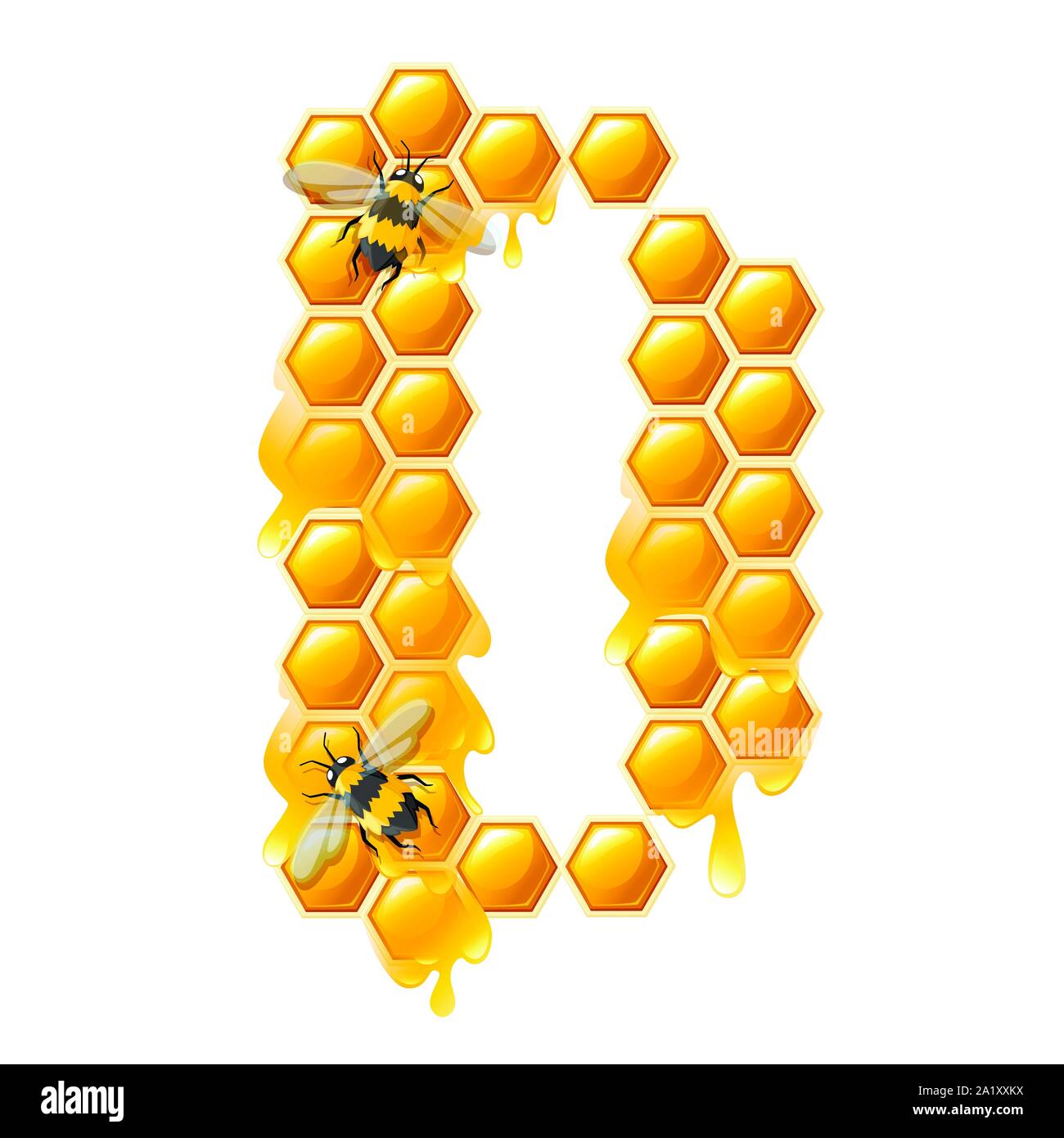Honeycomb letter D with honey drops and bee flat vector illustration ...