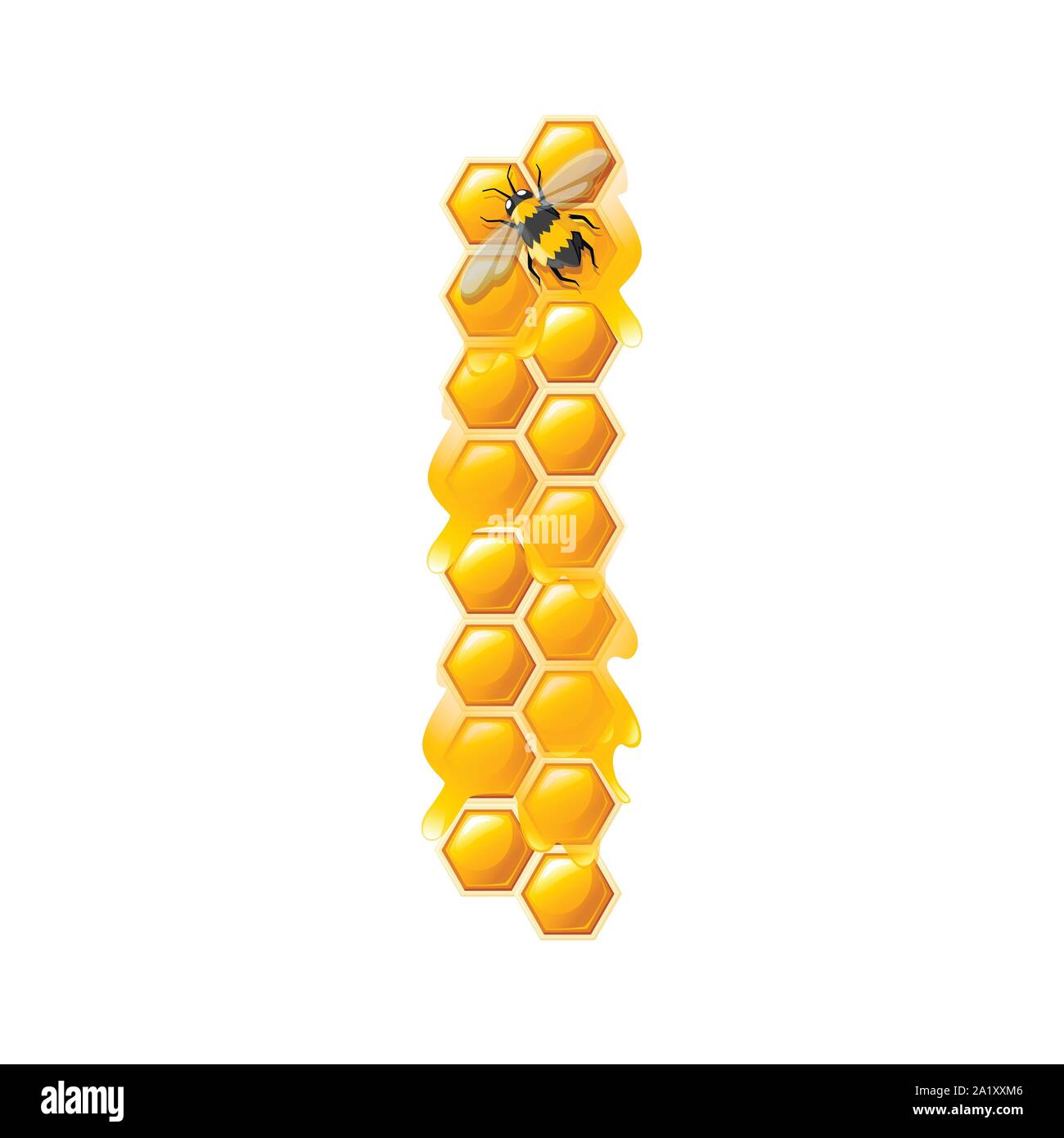 Honeycomb letter I with honey drops and bee flat vector illustration ...