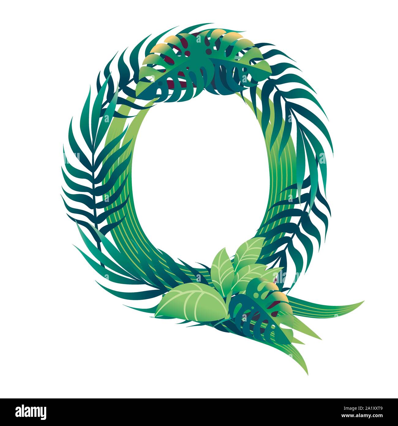 Leaf letter Q with diffirent types of green leaves and foliage flat ...