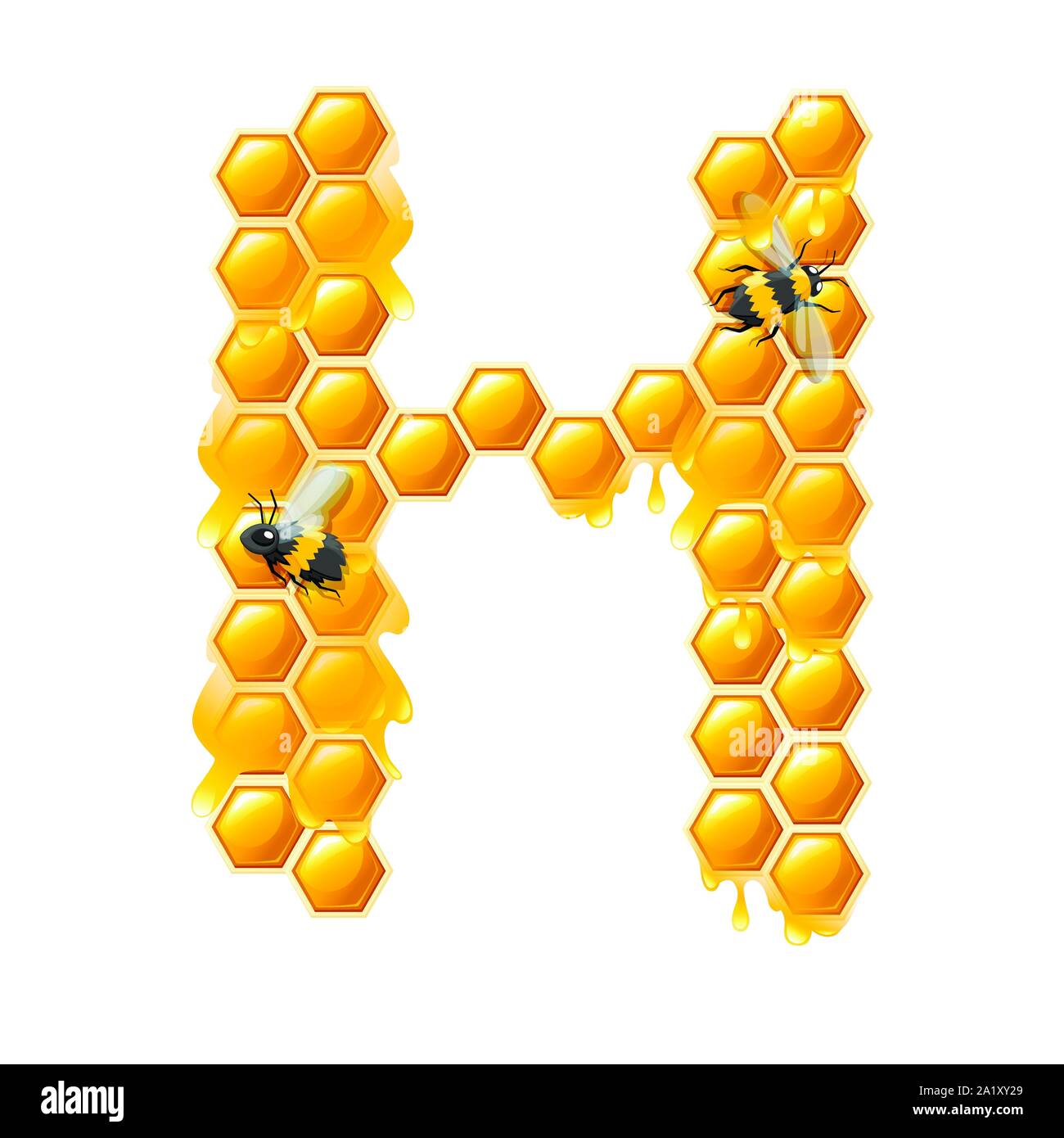 Honeycomb letter H with honey drops and bee flat vector illustration ...
