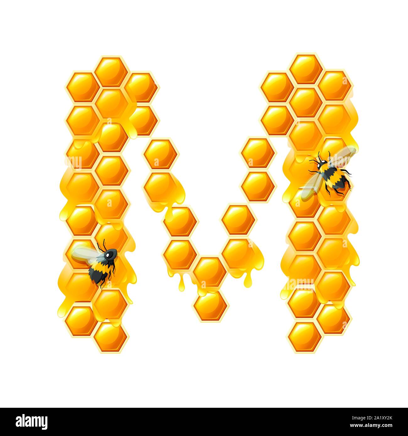 Honeycomb letter M with honey drops and bee flat vector illustration ...