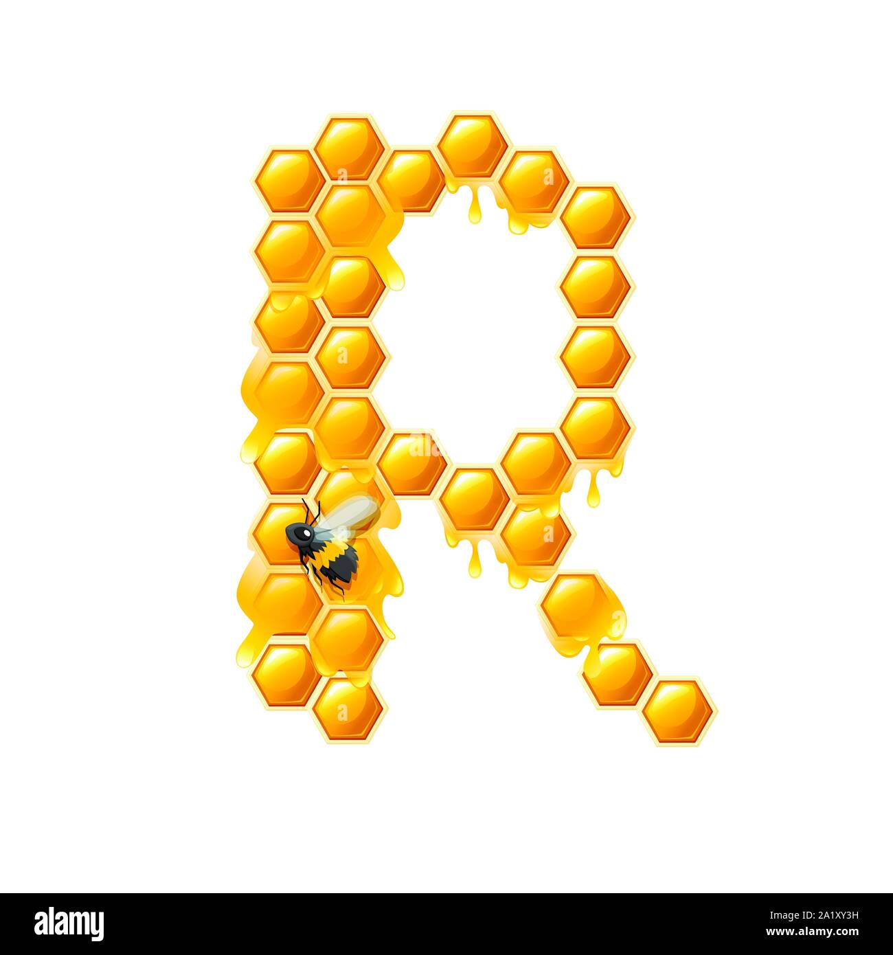Honeycomb letter R with honey drops and bee flat vector illustration ...