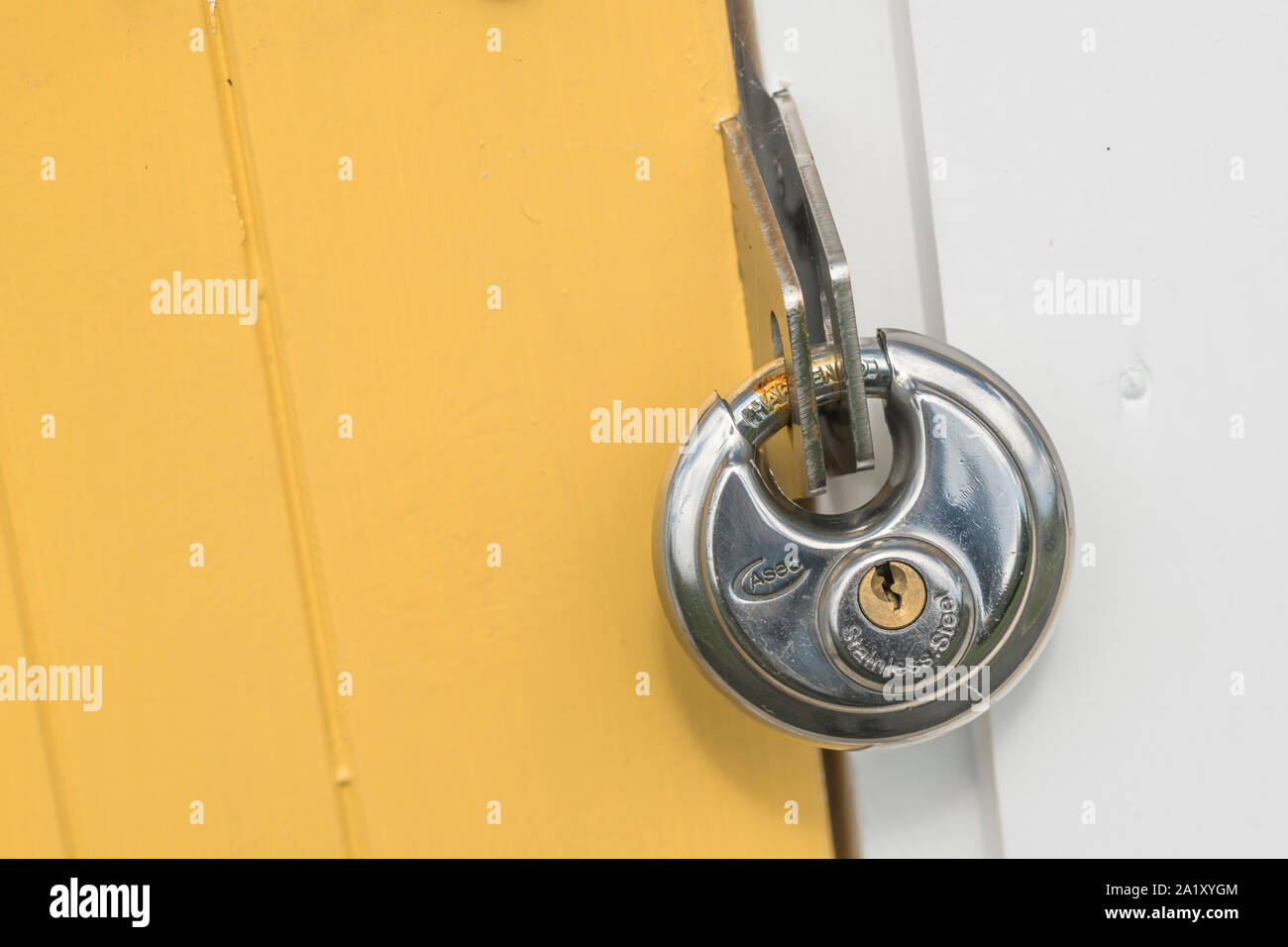 Close shot padlocked beach hut door @ Par Beach, Cornwall. Locked in ...