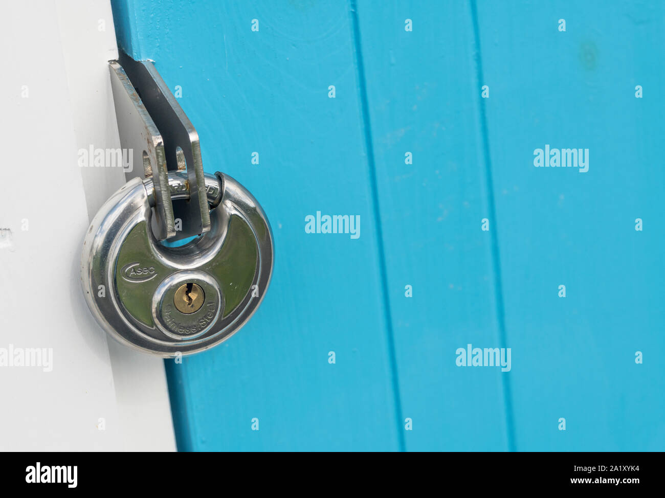 Close shot padlocked beach hut door @ Par Beach, Cornwall. Locked in ...