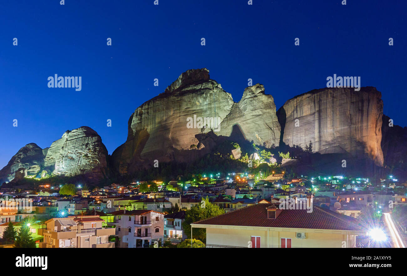Panoramic view of Meteora rocks and Kalabaka town at night, Greece ...