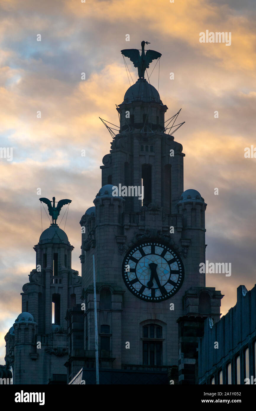 Towers of the Royal Liver Building with liver birds against the dusk ...